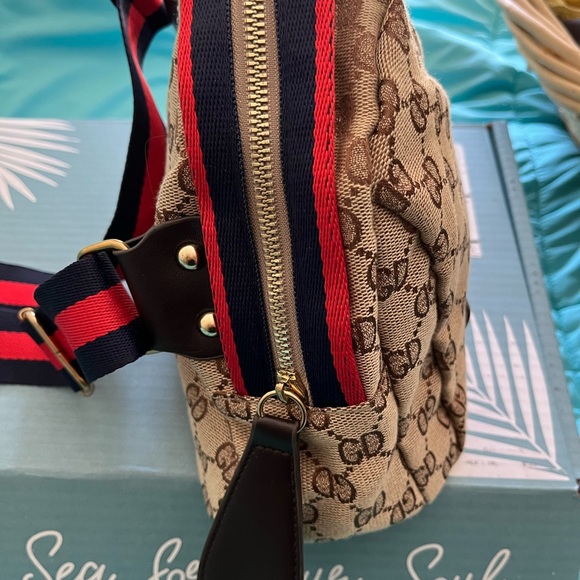 Gudid | Bags | Beige And Brown Pocketbook With Navy Blue And Red Strap ...